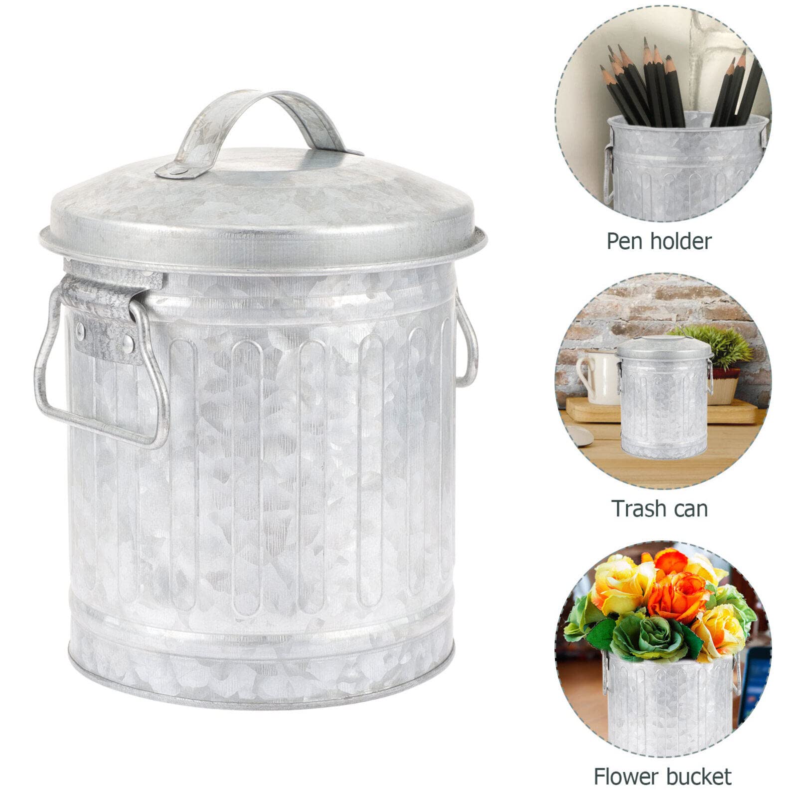 DIYEAH Mini Galvanized Trash Can with Lid, Mini Desktop Wastebasket Small Metal Buckets Metal Rubbish Bin Garbage Can Flower Pot Pen Holder for Kitchen Countertop A