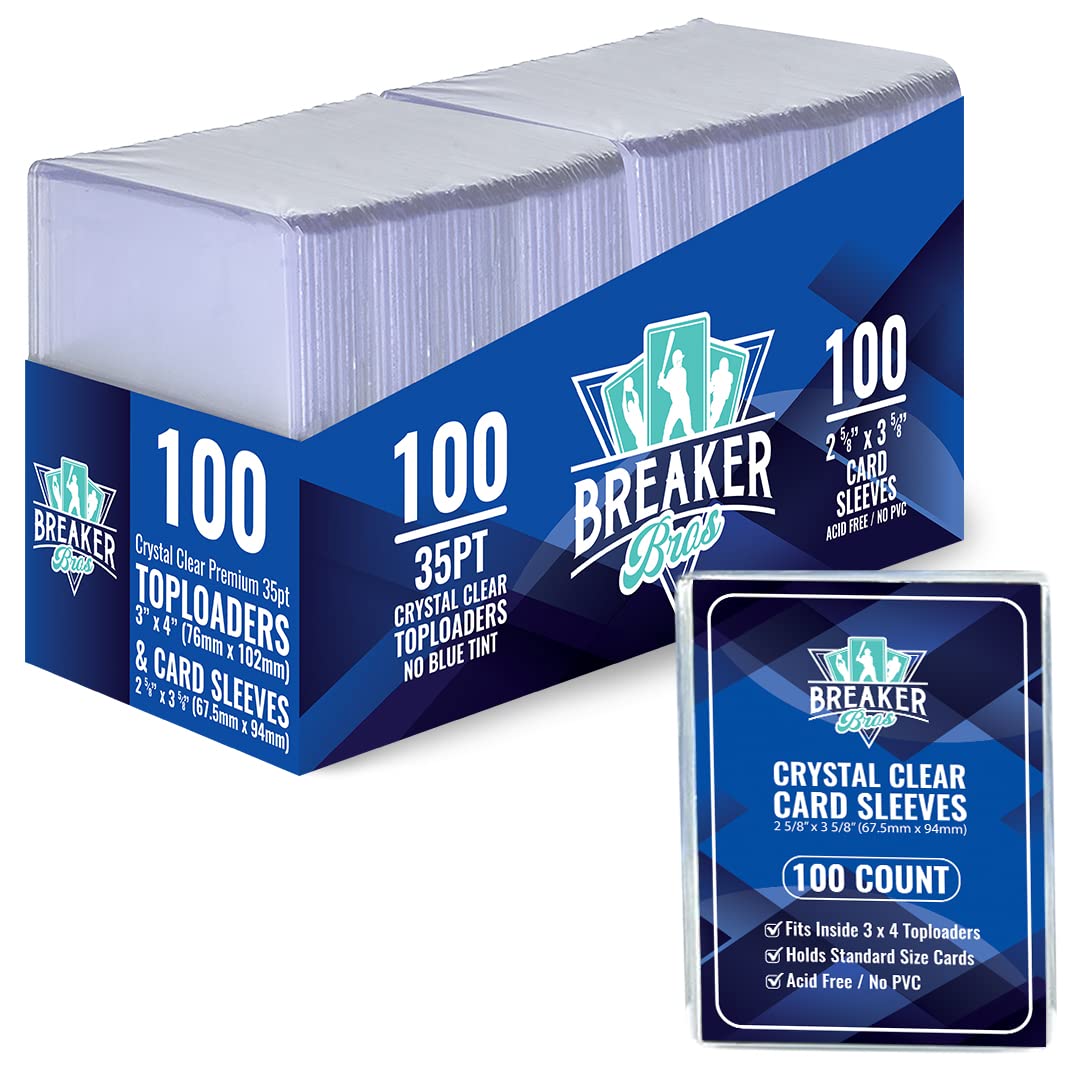 Breaker Bros 3x4 Crystal Clear No Blue Tint Premium 35pt 100 Top loaders for Cards & 100 Penny Sleeves for Trading Cards | Standard Size Clear Toploader Card Protectors for Collectible Trading Cards