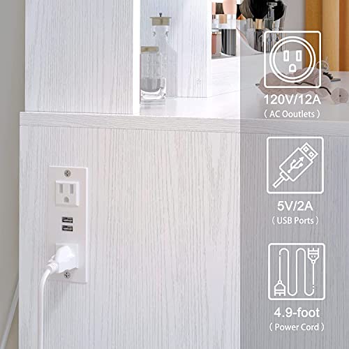IRONCK Vanity Desk with LED Lighted Mirror & Power Outlet, Makeup Table with Drawers & Cabinet,Storage Stool,for Bedroom, White