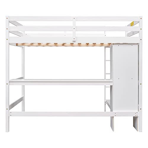 Full Loft Bed with Desk and Storage Shelves, Wood Loft Beds Frame with Bookcase, Modern High Loft for Kids Boys Girls Teens, Full Size, White