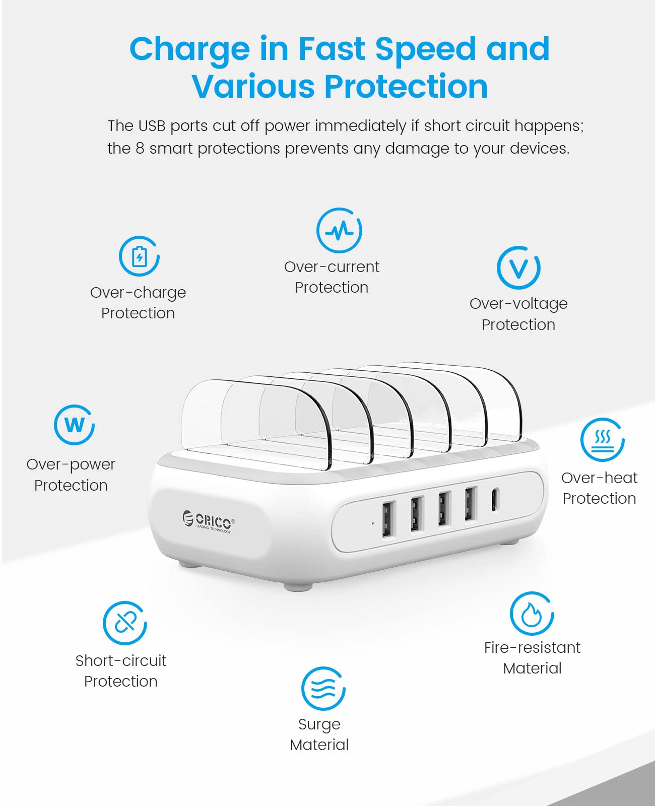 Charging Station for Multiple Devices, ORICO 5 USB Port 50W Fast Charging Dock PD 20W USB C Charger Station with Detachable Dividers,Compatible with iPhone,iPad,Samsung,Android and Tablet (White)