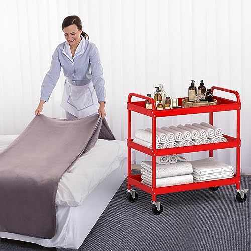 IRONMAX 3-Tier Rolling Tool Cart, 396LBS Heavy Duty Metal Utility Cart w/Lockable Universal Wheels, Storage Organizer Steel Service Cart for Garage, Office, Kitchen, Workshop, Repair Shop (Red)