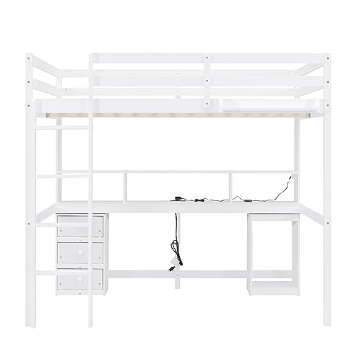 Full Loft Bed with Desk and LED Lights, Wooden Full Size Loft Bed with Storage and Charging Station, High Loft Bed Frame for Kids,Teens, Adults, No Box Spring Needed (Full, White)