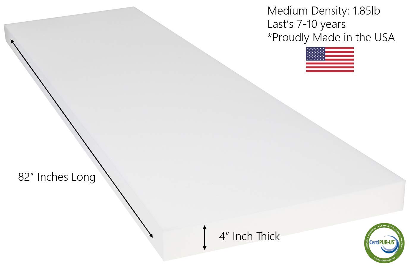 ComfortStyle Replacement Seat Cushion Upholstery Foam Pad for Sofa or Chair, 4" x 24" x 82" CertiPUR-US Certified, Extra Long