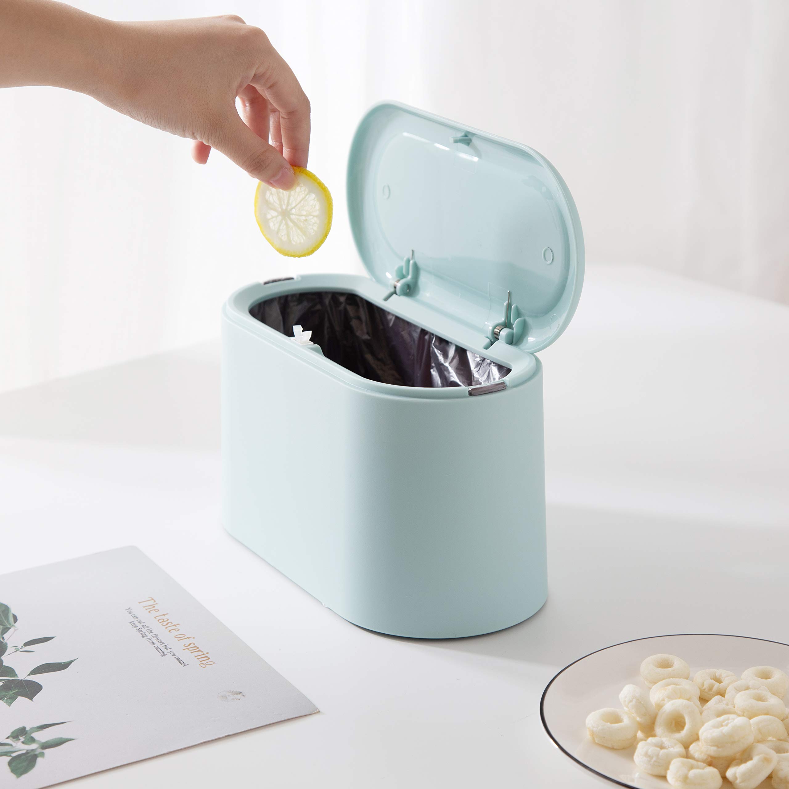 Mini Countertop Wastebasket Press Cartridge Cover Trash Can, Makeup Holder Vanity Bathroom Kitchen Car Desktop Office (Light Blue)