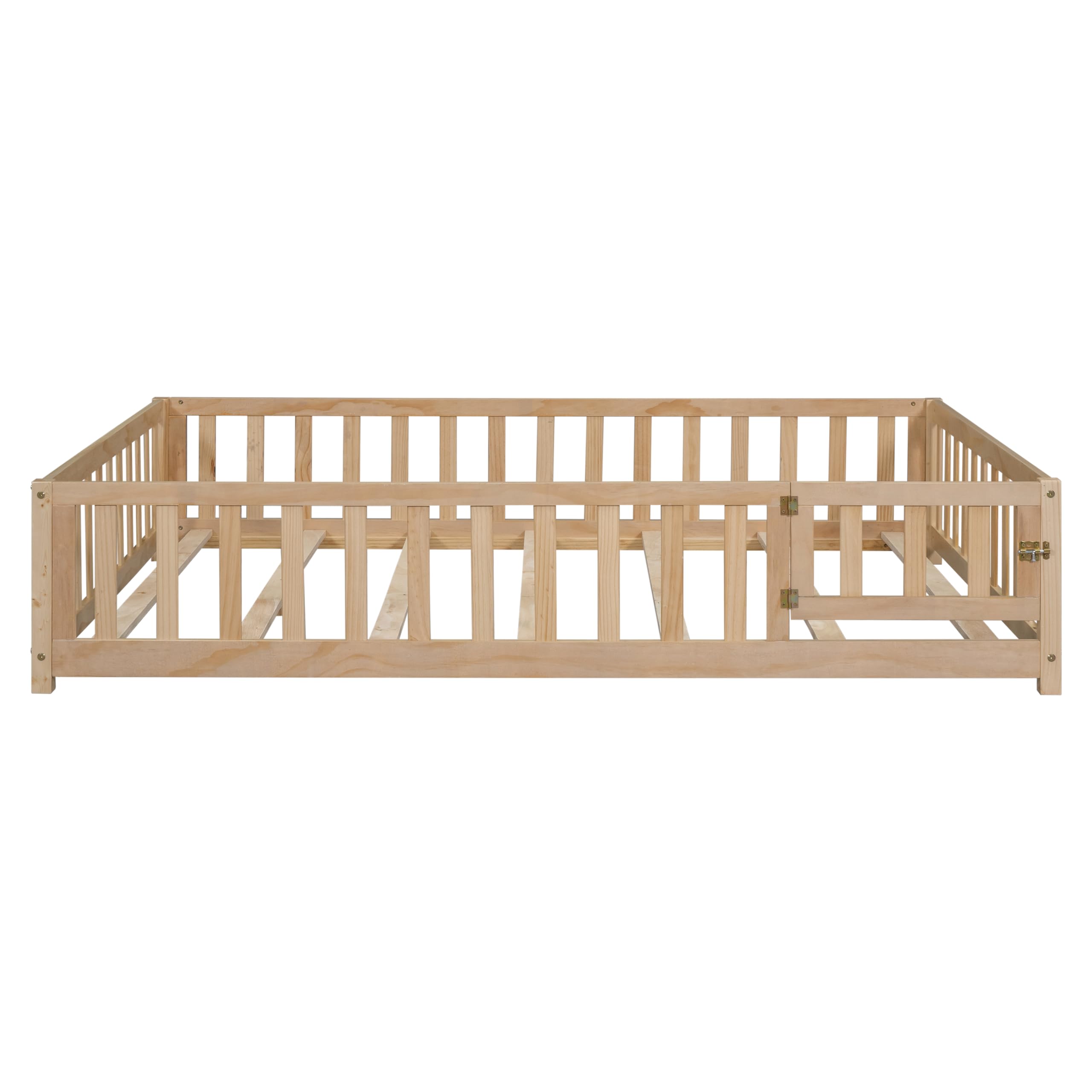 Harper & Bright Designs Floor Bed Full Size Montessori Bed Frame with Fence and Door, Wooden Full Platform Bed for Kids, Boys Girls, Slats Included, No Box Spring Needed, Natural