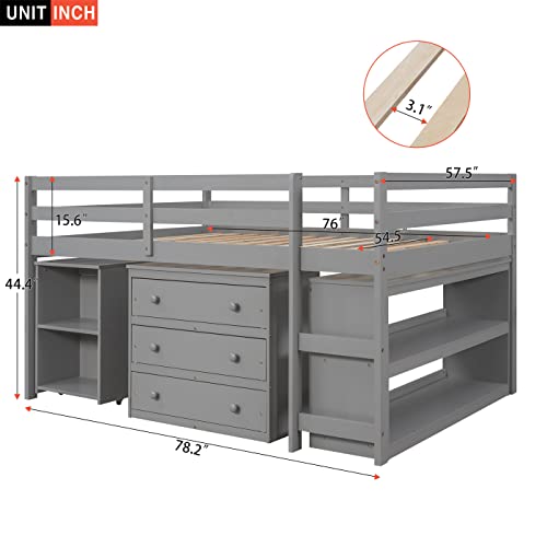 Full Size Loft Bed Frame with Rolling Portable Desk and Cabinet, Wooden Low Study Bedroom Loft Bed with 3 Storage Drawers, Bookshelf, Ladder and Safety Guardrails, Not Included Mattress, Gray