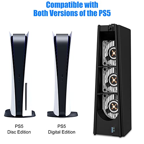 Cooling Fan for PS5 Disc & Digital Editions, ELECGO Efficient Heat Dissipation & Low Noise Fans Built-in 3 Small Fans with Powered USB 3.0 Port, LED Light, Adjustable Wind