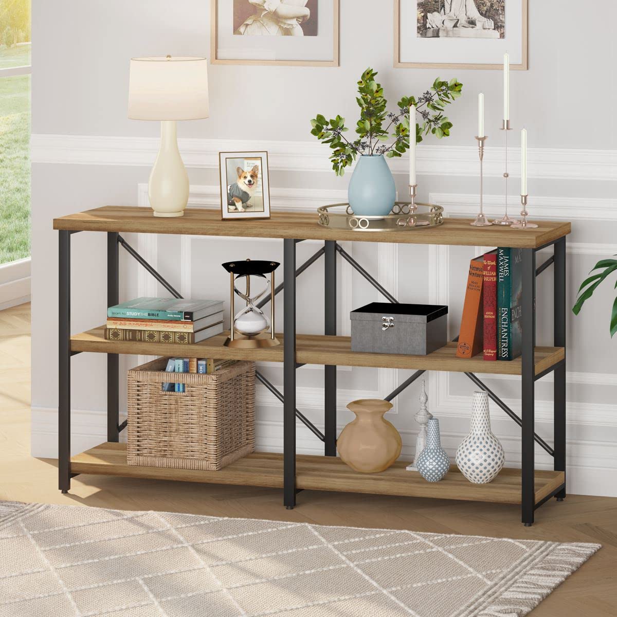 BON AUGURE Console Tables for Entryway, Industrial Sofa Table Behind Couch, 3 Tier Couch Table for Living Room, Farmhouse Hallway Table for Foyer (55 Inch, Vintage Oak)