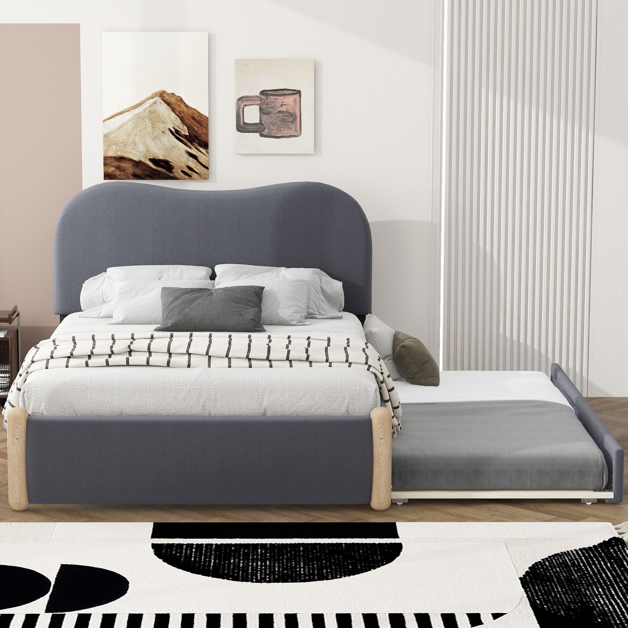 Harper & Bright Designs Upholstered Full Platform Bed with Built-in Nightstand & Guardrail, PU Leather Upholstered Full Storage Bed Frame with Headboard, No Box Spring Required (Gray)