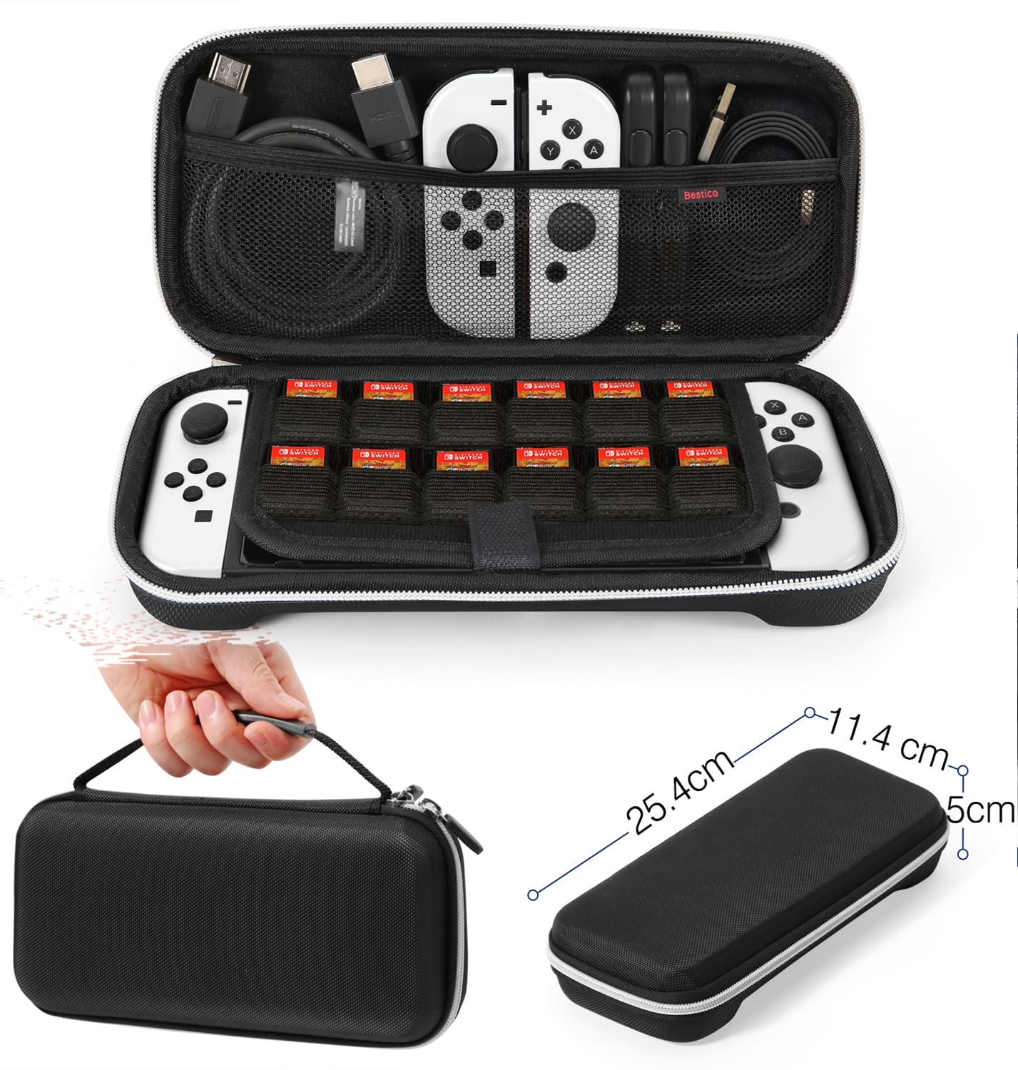 Bestico Case for Nintendo Switch OLED Model, 9in1 Accessories Bundle with Switch OLED Carrying Case, Tempered Glass Screen Protector, Console Stand and 6 Thumb Grips Caps, Black