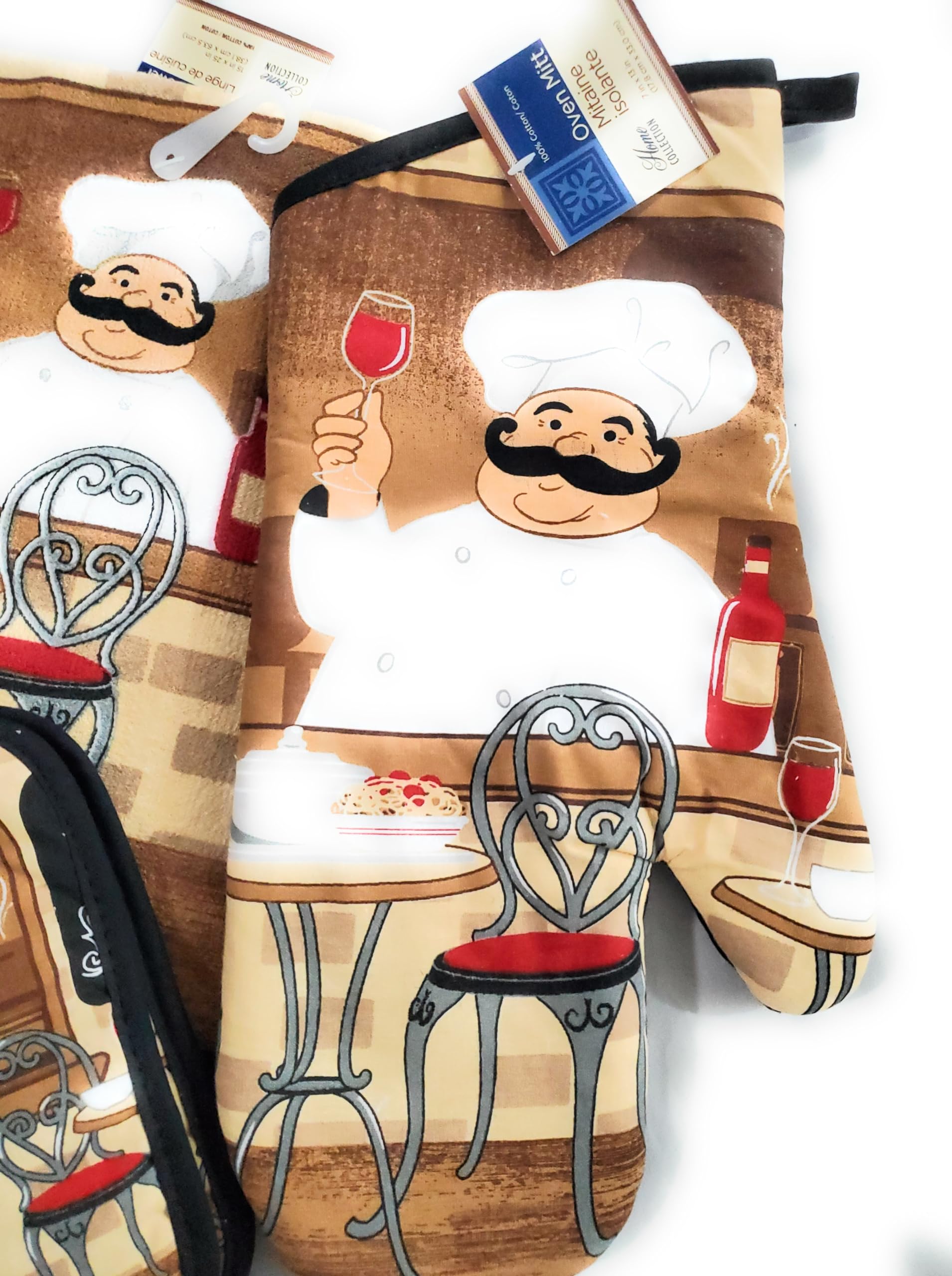 Collection Italian Chef Decor 5 Piece Printed Kitchen Linen Set Includes 2 Towels 2 Pot Holders 1 Oven Mitt