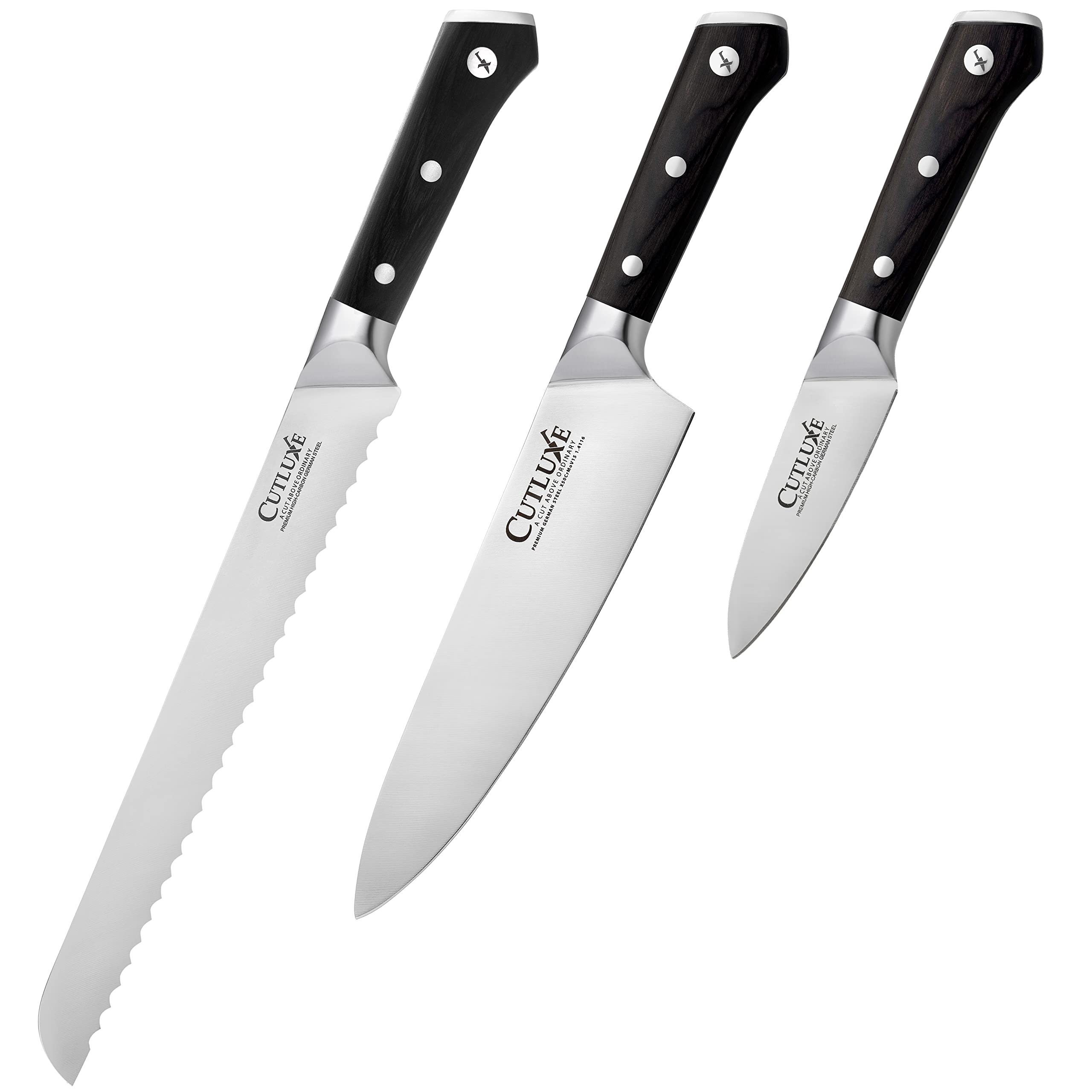 Cutluxe Bread Knife, Chef Knife & Paring Knifeâ Forged High Carbon German Steel â Full Tang & Razor Sharp â Ergonomic Handle Design â Artisan Series