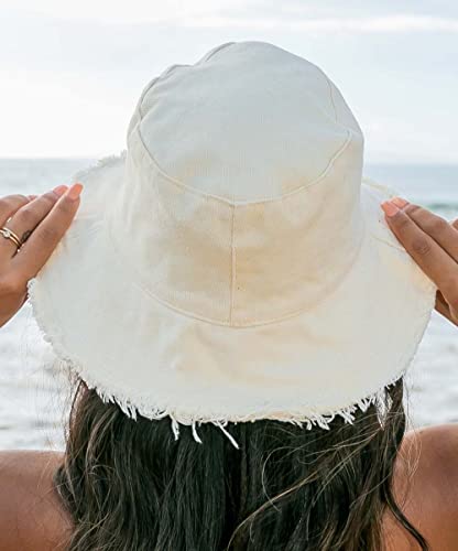 Bucket-Hat-Distressed Sun-Protection Washed-Cotton Beach-Sun-Hat - Summer-Wide-Brim(3.2inch Brim) Beach-Cap(Size:S-M) Beige