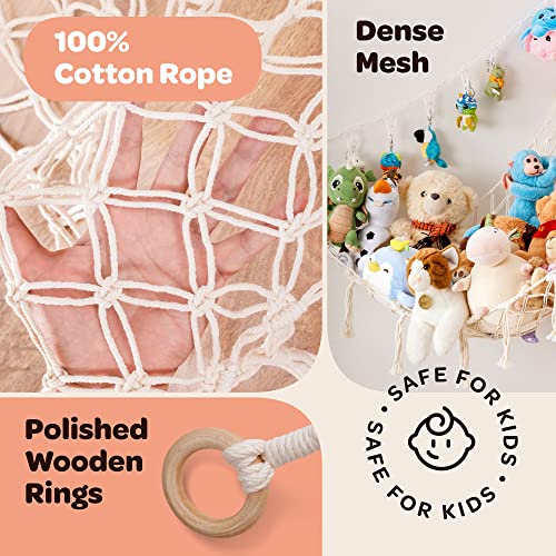 ParentsEasy Macrame Stuffed Animal Hammock & Net β Cotton Toy & Pet Hanging Plushie Storage with Screw-In & Adhesive Hooks β Stuffed Animal Hammock, Plastic Chain, & Clips β Toy Net Plush Storage