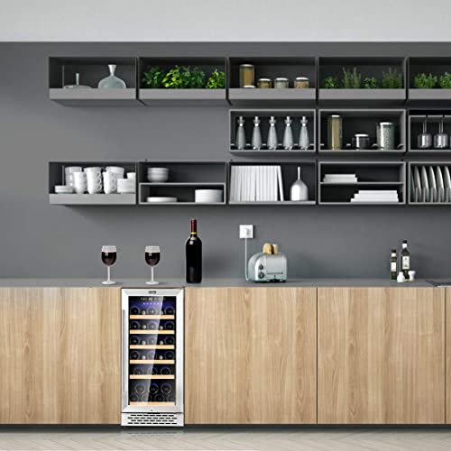 COLZER 15 Inch Wine Cooler Refrigerators, 30 Bottle Fast Cooling Low Noise and No Fog Wine Fridge with Professional Compressor Stainless Steel, Digital Temperature Control Screen Built-in Freestanding