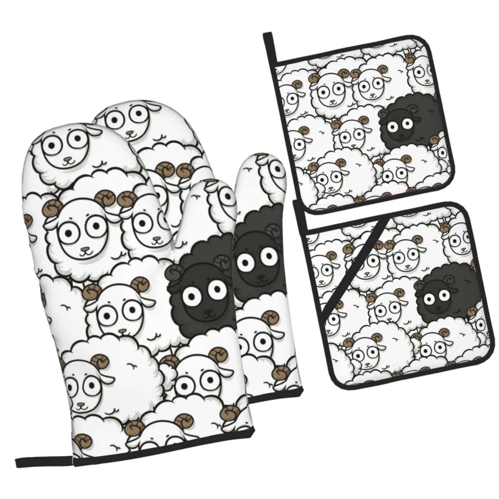 Cartoon Black White Sheep Printed Oven Mitt and Pot Holder Set, Washable Heat Resistant Oven Mitt for Kitchen Cooking Baking Grill