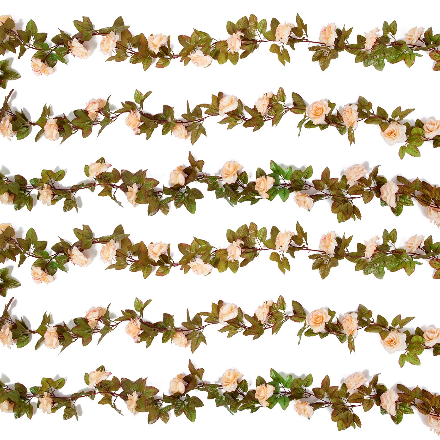 Pauwer 6PCS(44.3FT) Artificial Rose Vine Silk Flower Garland Hanging Fake Roses Flowers Plants for Home Garden Office Hotel Wedding Party Decor, Champagne