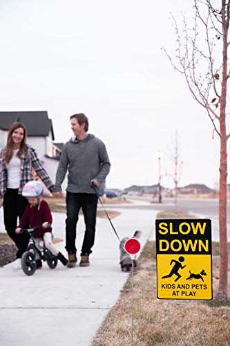 CORQUE Kids at Play Safety Signs for Street, Slow Down & Caution Warning - 2 Pack Double Sided with High Visibility Reflectors & Adjustable Metal Stakes Set - Children Playing Yard Road Visual Signal