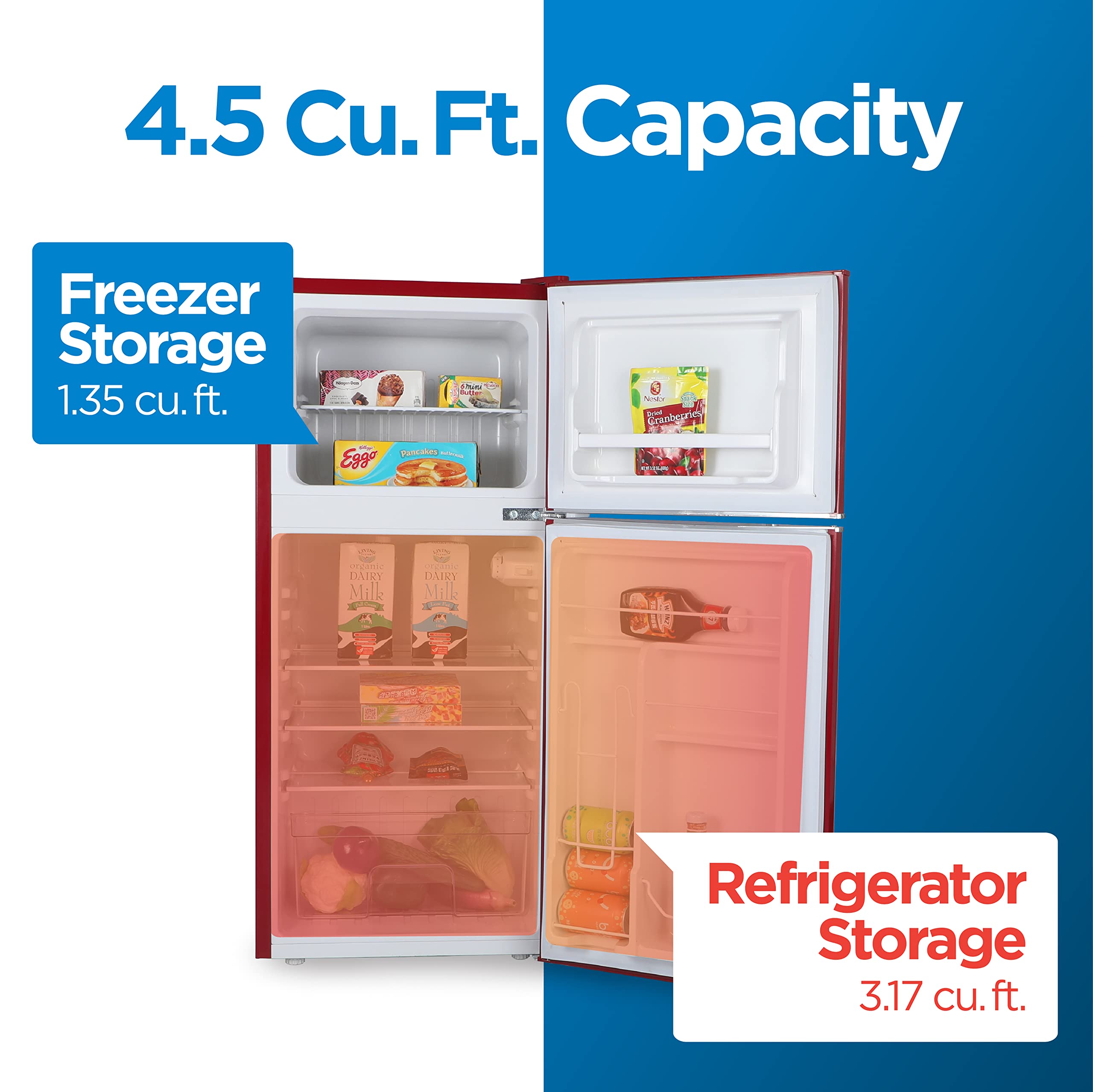 Commercial Cool CCRRD45HR 4.5 Cu. Ft True Freezer, Vintage Style, Retro Fridge with 2 Slide-Out Glass Shelves,Red Refrigerator