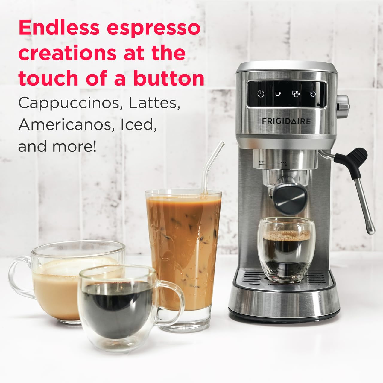 Frigidaire 20 Bar Small Espresso Machine with Milk Frother and Tamper - Makes Cappuccinos, Lattes, and More, Stainless Steel