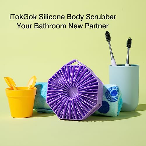 iTokGok® 2 in 1 Silicone Body Scrubber, Dual-Sided Design Body Brush Silicone Body Scrubber Exfoliating Body Brushes for Sensitive Skin for Showering, Lathers Well - Light Purple