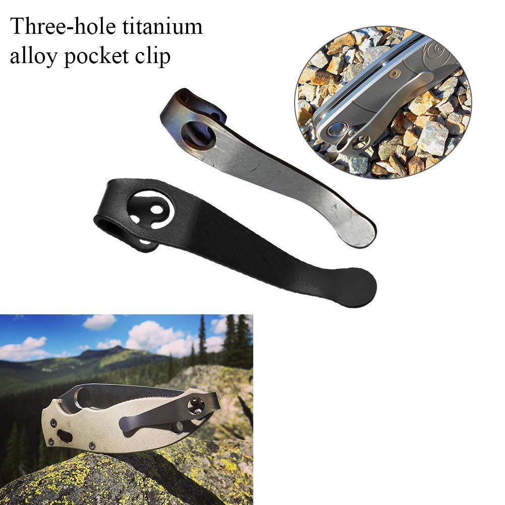 Pocket Back Clip for Spyderco C81 C10 C11, 3-hole Design Titanium Alloy Deep Carry Pocket Clip 53x12mm/2x0.5 inch, Not Screws Included, Easy to Replacement (Stonewash)