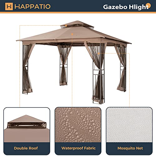 HAPPATIO 10' X 12' Patio Gazebo with Ventilation Double Roof,Outdoor Gazebo with Mosquito Netting for Lawn, Garden (Light Brown)
