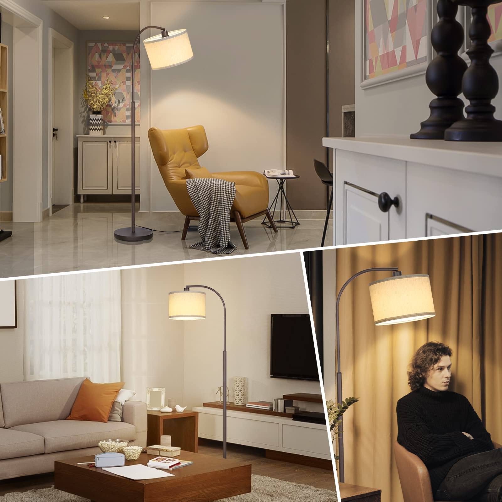 Boncoo Dimmable Floor Lamp, Arc Standing Lamp with Stepless Dimmer, Brown Floor Lamp with Adjustable Linen Beige Shade for Living Room Bedroom Study Room Office, 9W 3000K LED Bulb Included