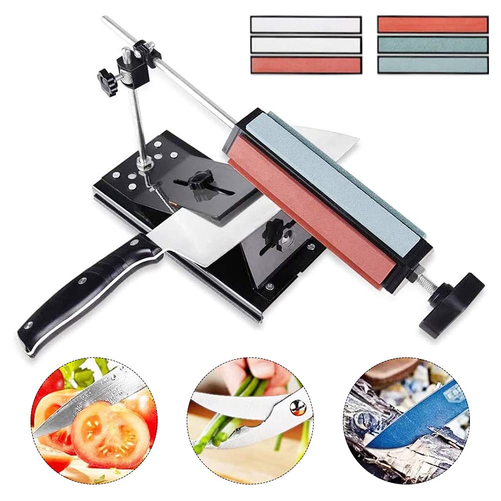 BUDDE Professional Kitchen Knife Sharpener System with 6 Whetstones, 180° Rotation Flip Design, Fixed-Angle Stainless Steel Professional Chef Knife Sharpening Kit Blades Fine Grinding Polishing Tool