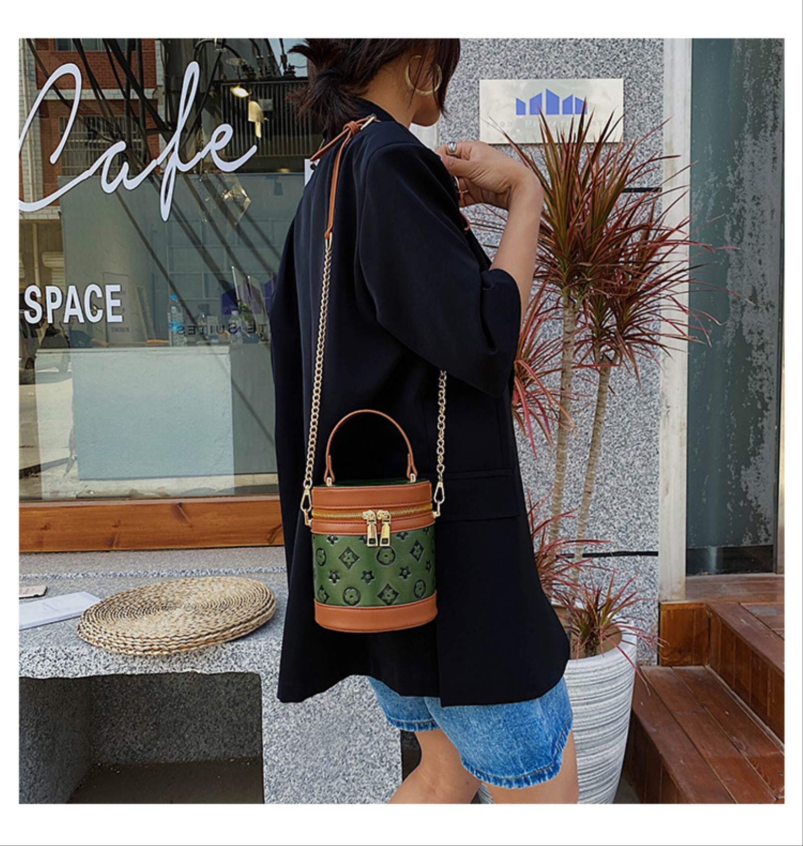 Women Fashion Print Chain Shoulder Bag Cylindrical Bucket Bag Coin Purse