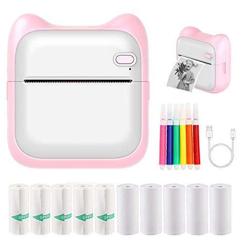 FasionMior 新品 Mini Printer Sticker Maker, Portable Thermal Sticker Printer, Bluetooth Inkless Pocket Printer Compatible with iOS & Android, Inkless Printer Mini with 10 Rolls Paper & 5 Color Pens