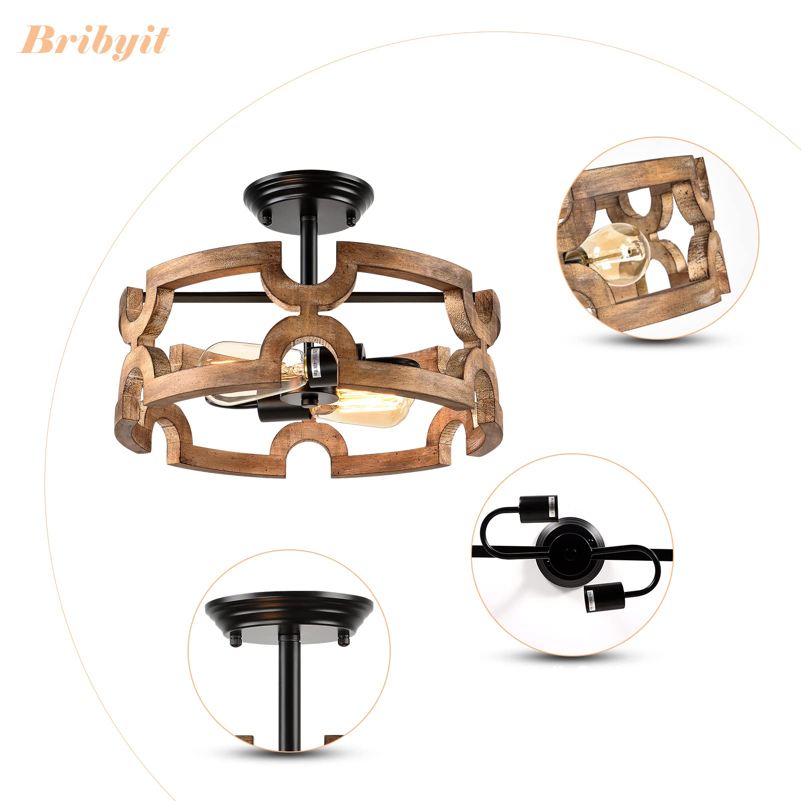 Bribyit Farmhouse Chandelier Light Fixture, Rustic Drum Semi Flush Mount Ceiling Light, 2-Light Wood Pendant Light with Sloped Accessories for Dining Living Room Foyer Kitchen,Height Adjustment
