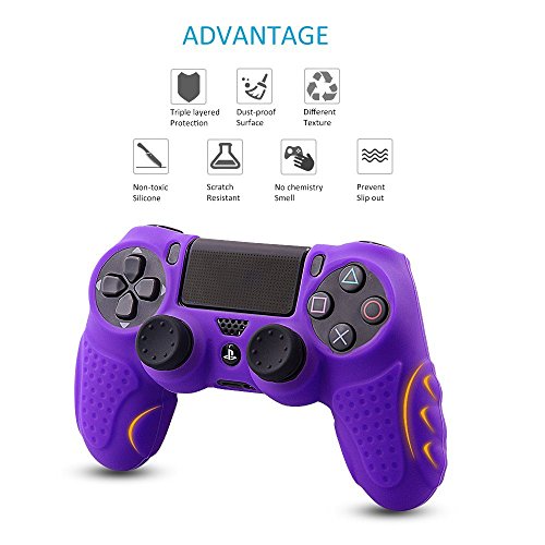 PS4 Controller Grip Skin Anti-Slip Silicone Case Cover for Sony Playstation 4 PS4/Slim/Pro Controller with 8 x FPS Pro Thumb Grips (Purple)