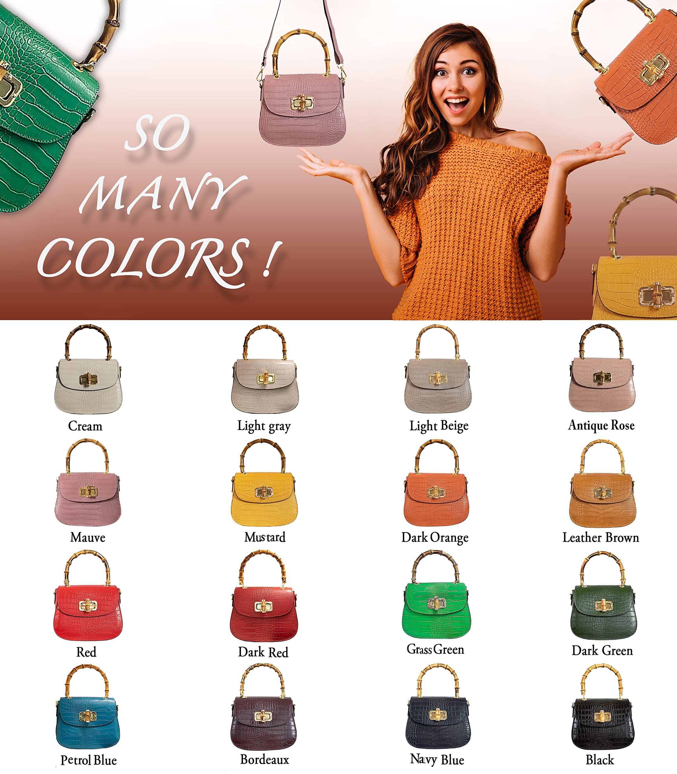 Women Handbag 100% Genuine Leather with Bamboo handle Crossbody bag Elegant bag Evening bag Gift for Women Handmade Made in Italy