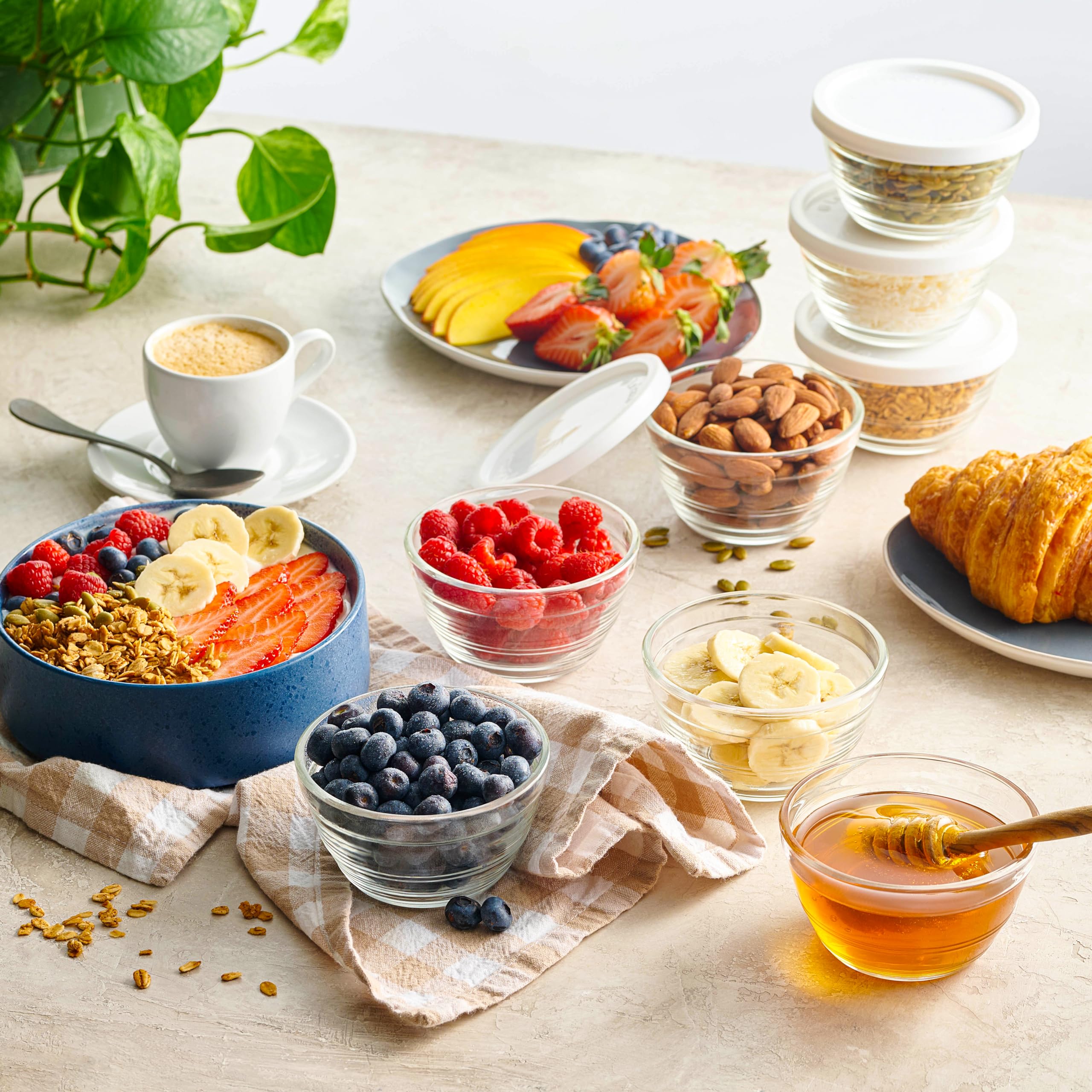 Durable 10-Piece Stackable Glass Bowl Set, Tempered Glass Prep Bowls, All Purpose Round Kitchen Serving Bowls, Salads, Cereal, Soup, Ice Cream, Pasta, Fruits, Everyday Bowls
