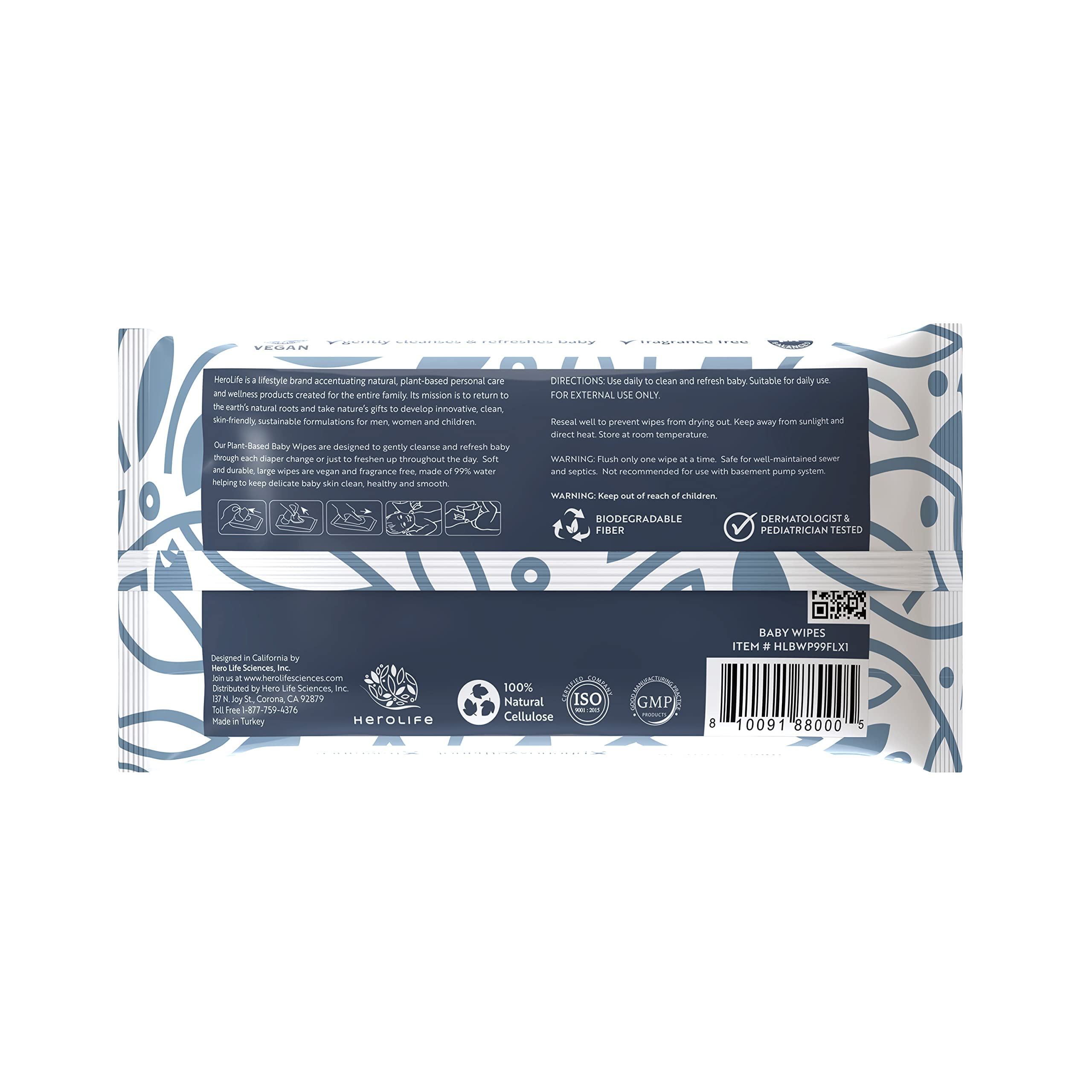 HEROLIFE Flushable & Biodegradable Baby Wipes, PlantBased, Hypoallergenic & FragranceFree, formulated with 99% water and plantderived ingredients ExtraLarge size 7.1β x 7.1β 3 packs of 40 wipes