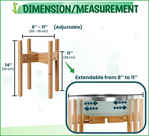 Dog Bowl Stand for Large Dogs - Height 14-inch, Adjustable, Lockable Width 8-11inches Wide - Food and Water Feeder Holder - Bamboo