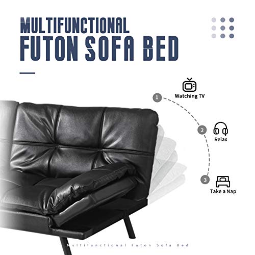 IULULU Futon Sofa Bed Faux Leather Couch with Adjustable Armrests, Modern Industrial Sleeper Daybed for Small Spaces, Living Room, Compact Apartment, Office, House, Condo, Loft, Bungalow, Black