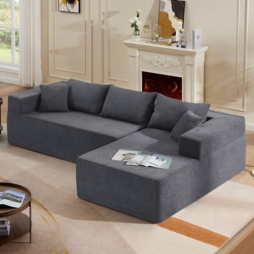 FANYE L-Shape Modular Sectional Sofa with Wide Left Chaise, Modern Living Room Sleeper Upholstered Foam Couch for Home Apartment, 2 PC Free Combination Higher Seat Cloud Sofa&Couch W/5 Pillows, Grey