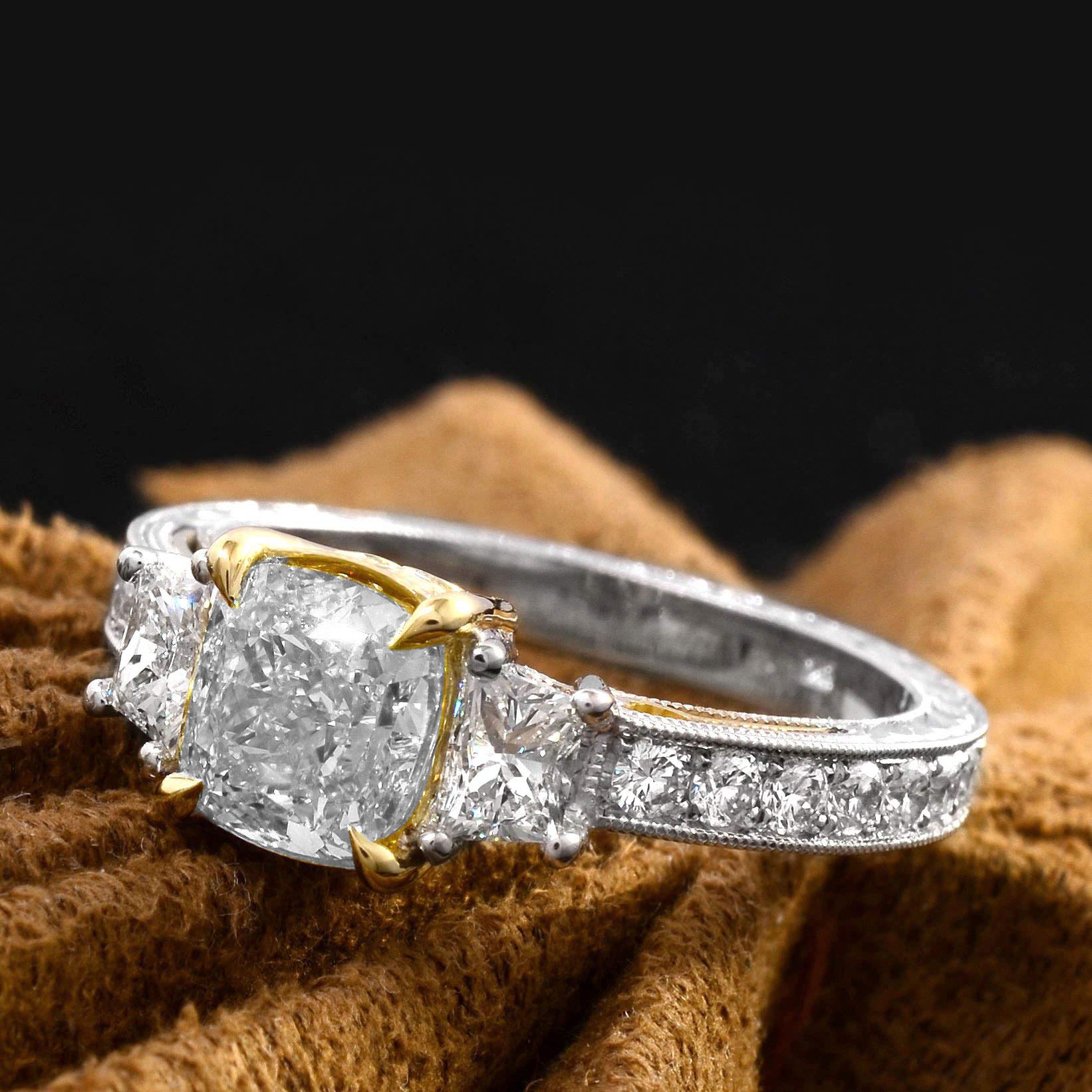 Bridal Set 3 CT 3 Stone Cushion Cut Moissanite Engagement Rings for Women 14k White Gold Free Engraving Size 9