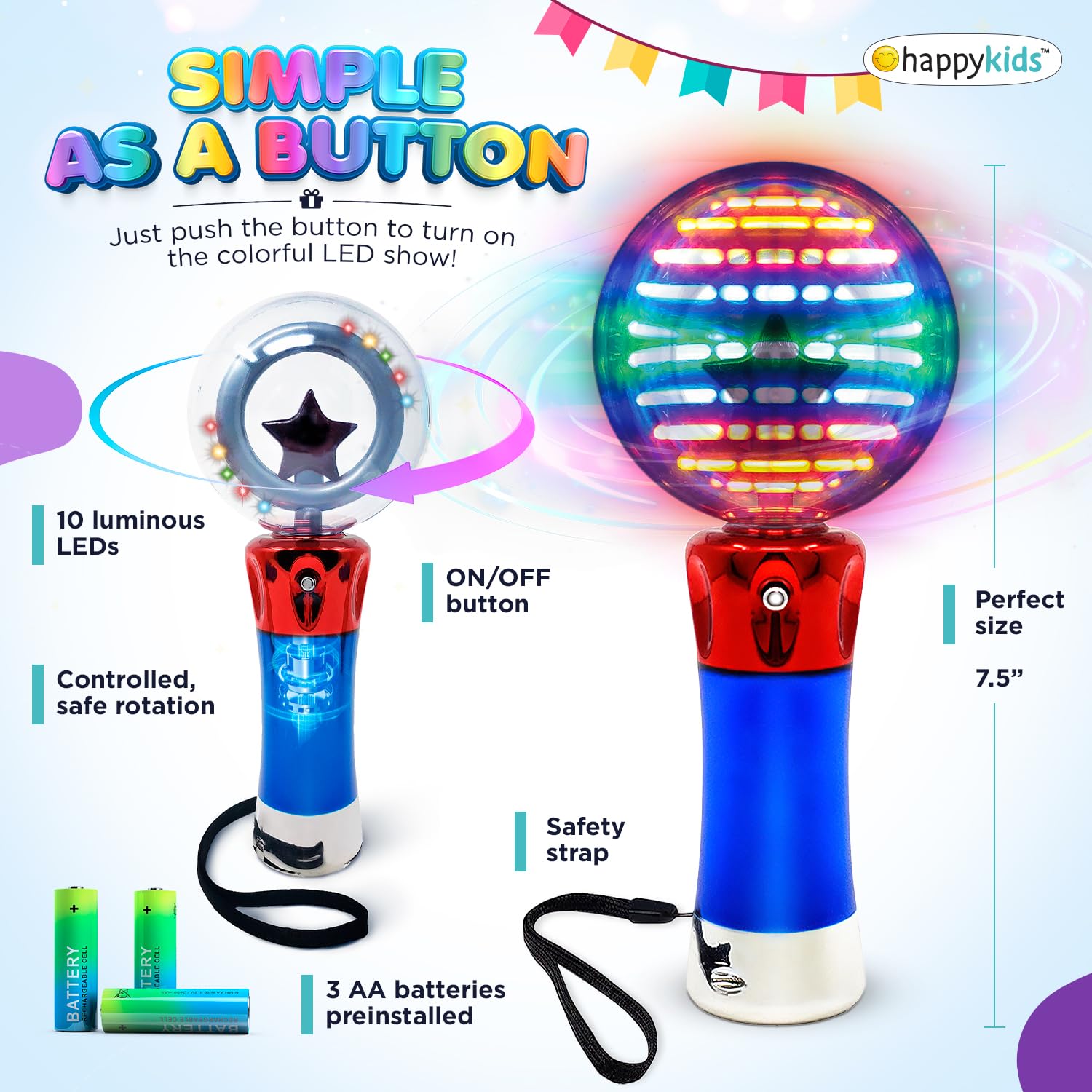 Happy Kids LED Magic Orb Wand Toy - Color Changing Star Globe - Spinning Fun - Great Sensory Toy for Kids with Batteries and Strap