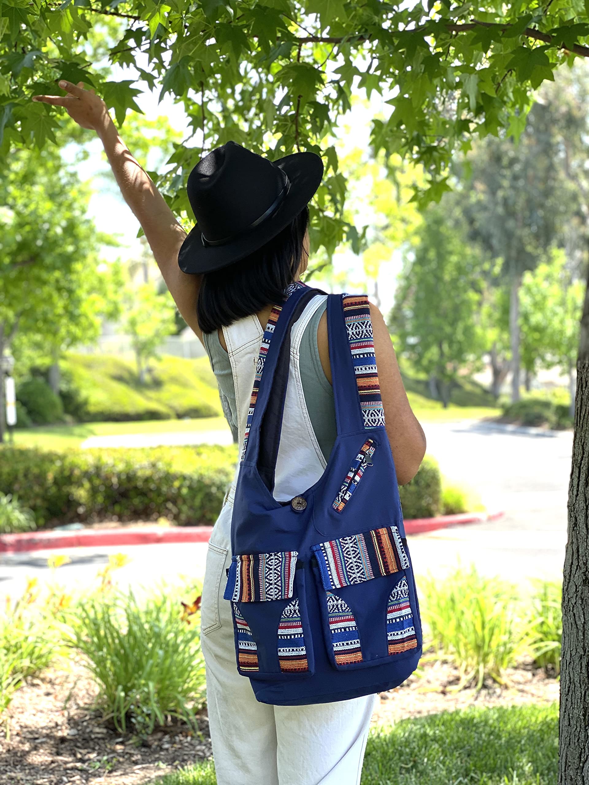Navy Blue Cross Body Shoulder Bag with Woven Tribal Accent Design Large