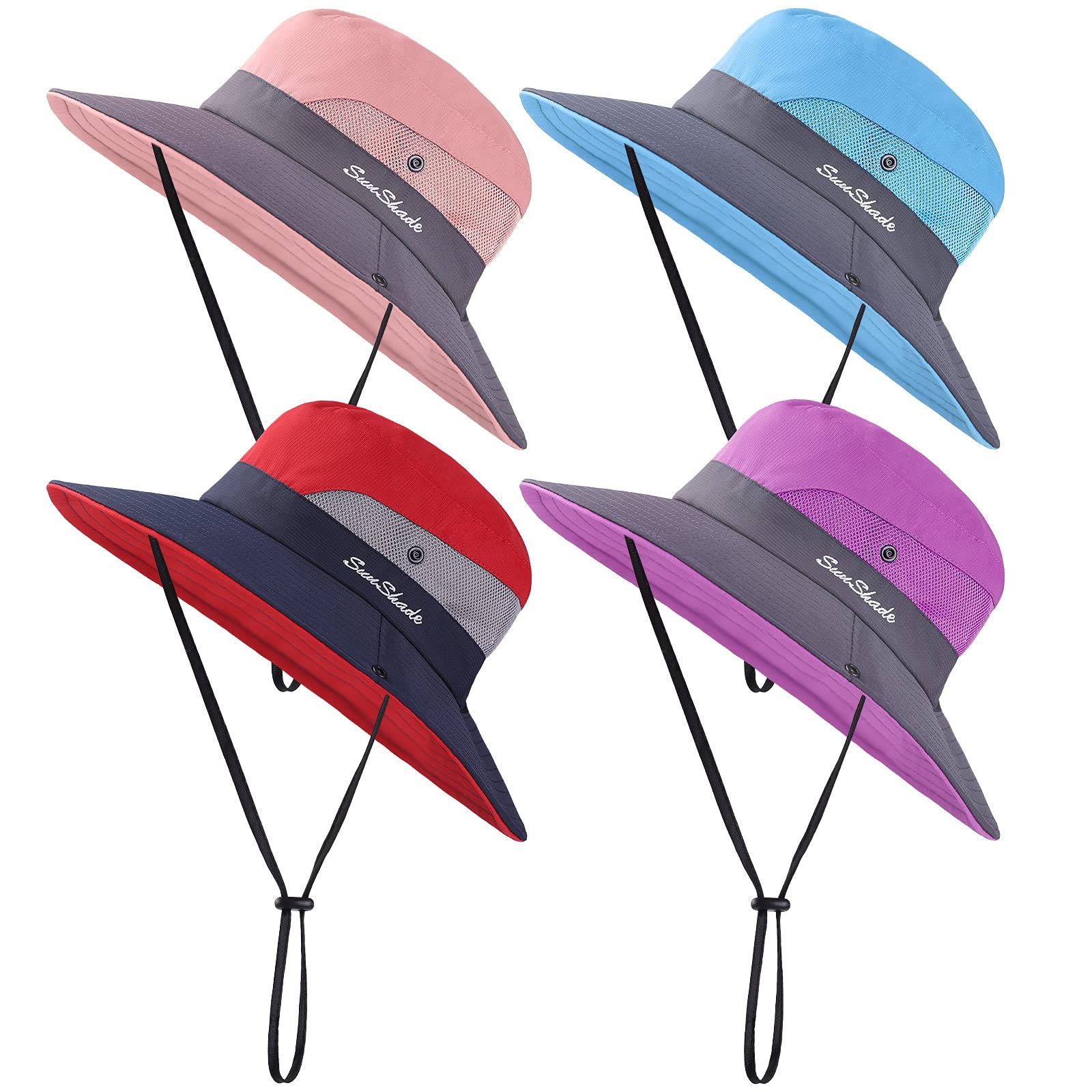 Cooraby 4 Pack UV Women Summer Sun Hat Ponytail Hole Cap Wide Brim Hat Beach Cap for Hiking and Fishing