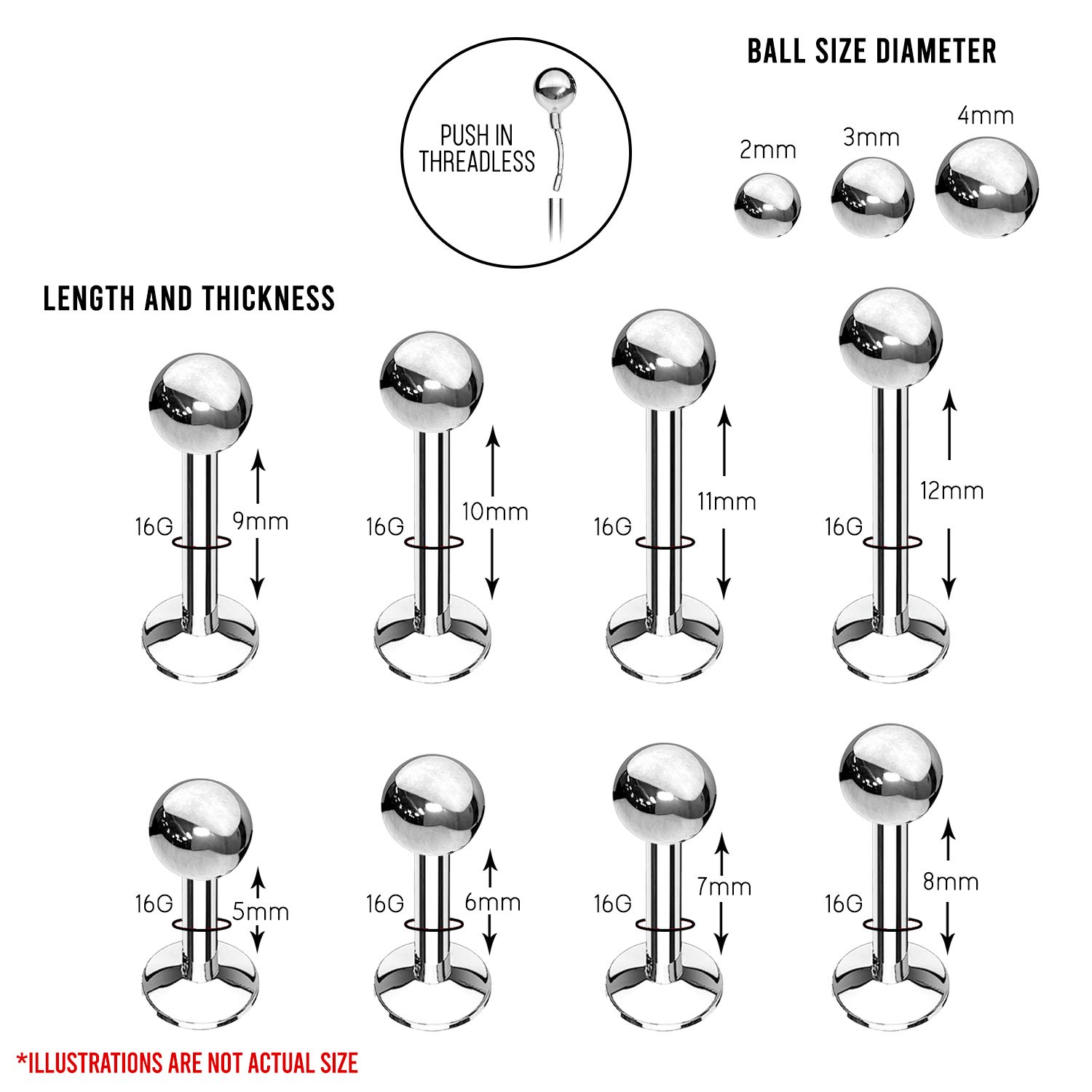 BodyJ4You Labret Stud Tragus Earring 18G Threadless Push In Goldtone Steel Helix Monroe