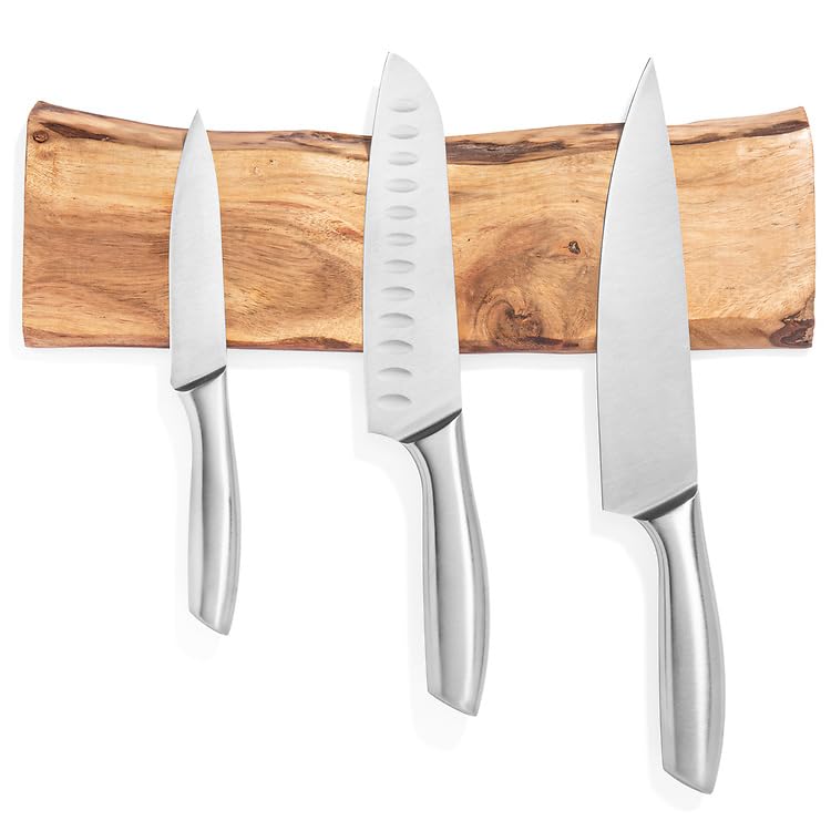 IMPROVED STRONGER Magnetic Knife Holder - Wood Knife Block - Knife Strip - Kitchen Organizer - Live Edge, Holds 5 Knives