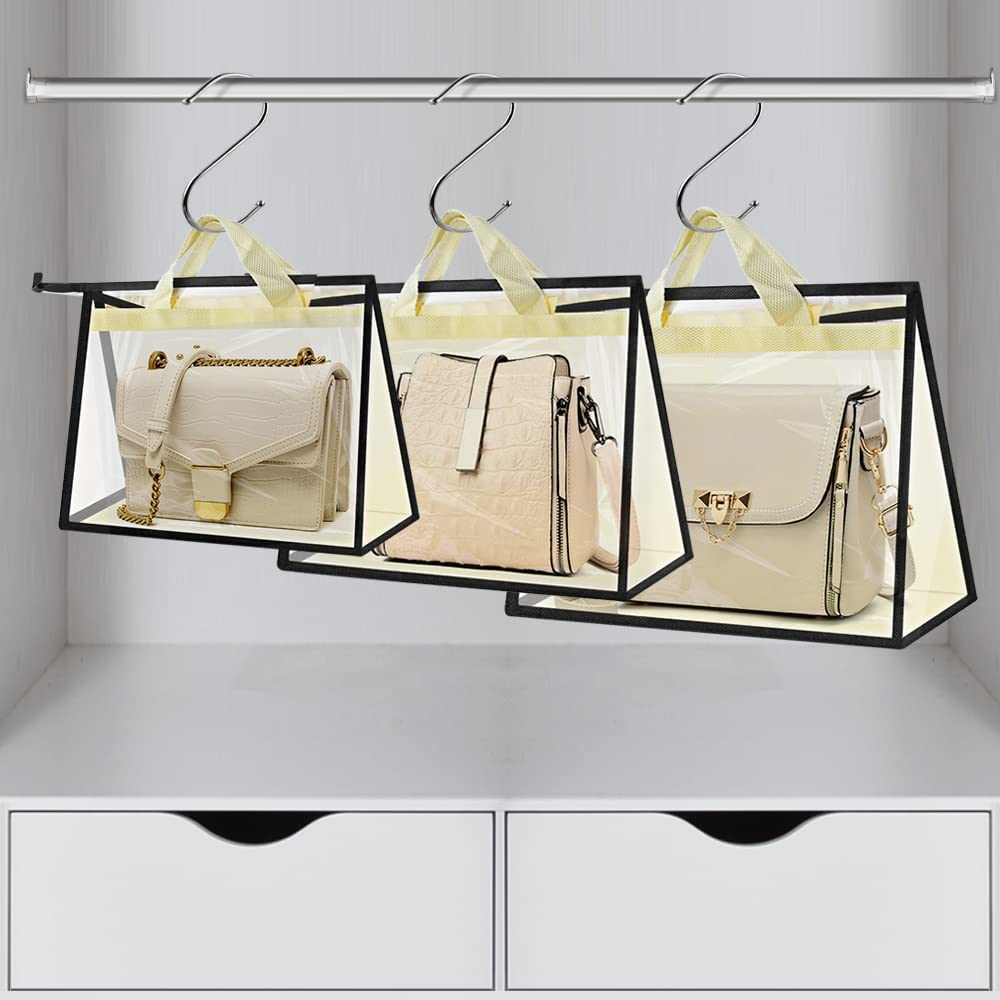 BZCTAH 9 Packs Purse Organizer for Closet Purse Storage Organizer Clear Handbag Storage Organizer Dust Bags for Handbags with with Zipper, Handles, 9 S-Shaped Hooks