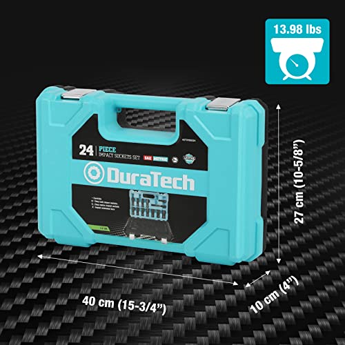 DURATECH 24-Piece Impact Socket Set, 1/2" Drive Deep Impact Socket Set with 2pcs 1/2-Inch Hexagon Extension Bars, Metric & SAE, Hard Case Included