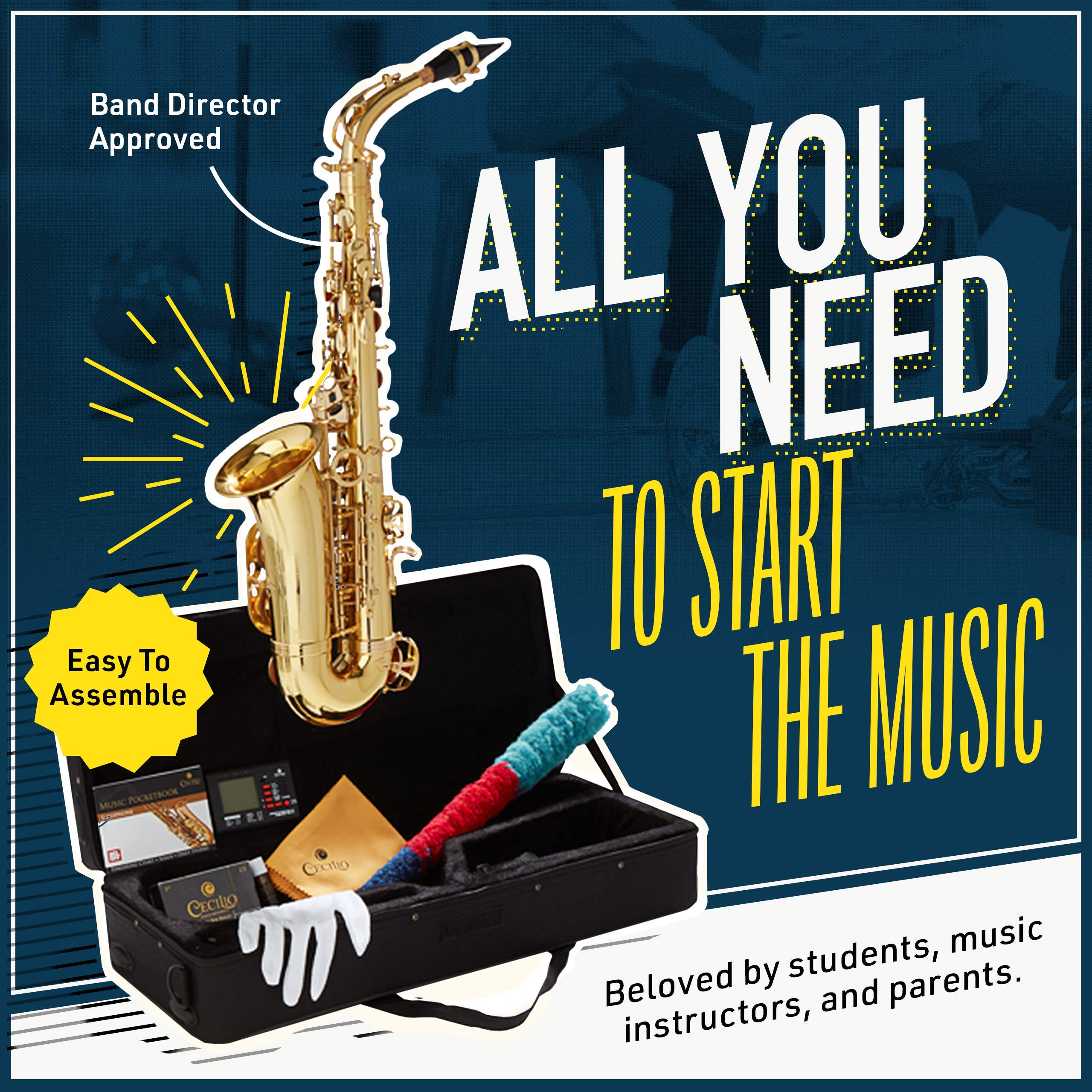 Mendini By Cecilio Eb Alto Saxophone - Case, Tuner, Mouthpiece, 10 Reeds, Pocketbook- Black & Gold E Flat Musical Instruments