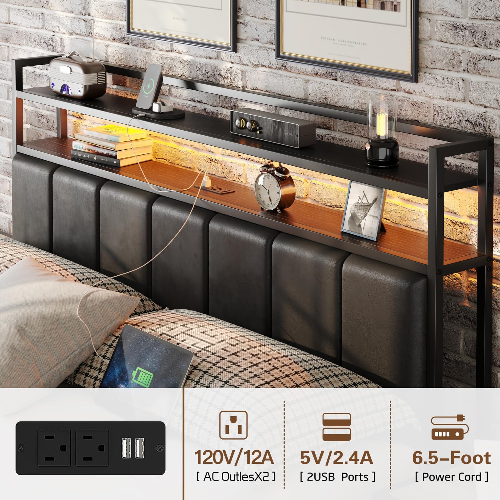 CollaredEagle Full Size Bed Frame with Headboard, Metal Bed Frame with Charging Station and LED Lights, Heavy Duty Bed with Storage Shelves,Noise Free(Black)
